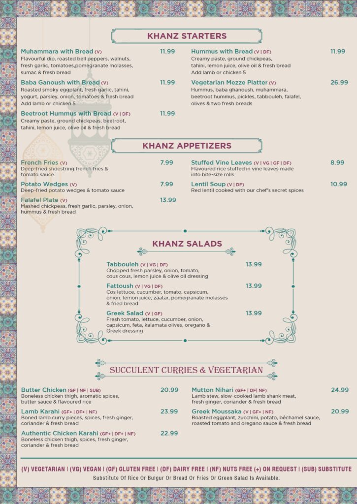 Menu Khanz Mediterranean Restaurant – Khanz