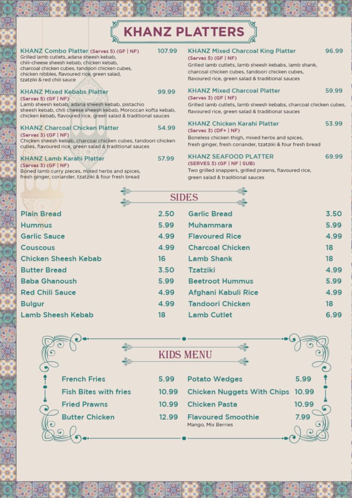 Menu Khanz Mediterranean Restaurant – Khanz